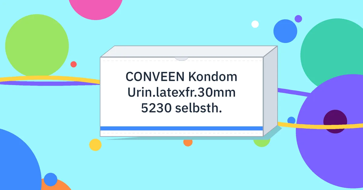 Symbolbild: Packung mit der Aufschrift CONVEEN Kondom Urin.latexfr.30mm 5230 selbsth. (PZN 08523967) – Verfügbarkeit und Bezug in Apotheken in Frankfurt am Main