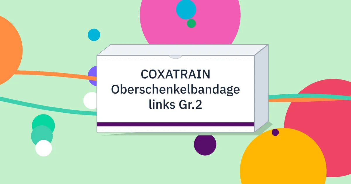 Symbolbild: Packung mit der Aufschrift COXATRAIN Oberschenkelbandage links Gr.2 (PZN 17560967) – Verfügbarkeit und Bezug in Apotheken in Frankfurt am Main