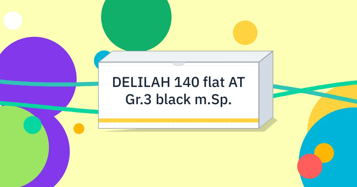 Symbolbild: Packung mit der Aufschrift DELILAH 140 flat AT Gr.3 black m.Sp. (PZN 14247690) – Verfügbarkeit und Bezug in Apotheken in Frankfurt am Main