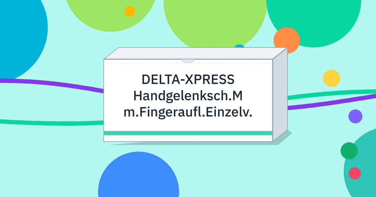 Symbolbild: Packung mit der Aufschrift DELTA-XPRESS Handgelenksch.M m.Fingeraufl.Einzelv. (PZN 07619843) – Verfügbarkeit und Bezug in Apotheken in Frankfurt am Main