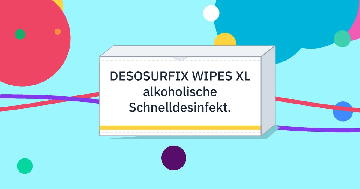 Symbolbild: Packung mit der Aufschrift DESOSURFIX WIPES XL alkoholische Schnelldesinfekt. (PZN 17168100) – Verfügbarkeit und Bezug in Apotheken in Frankfurt am Main
