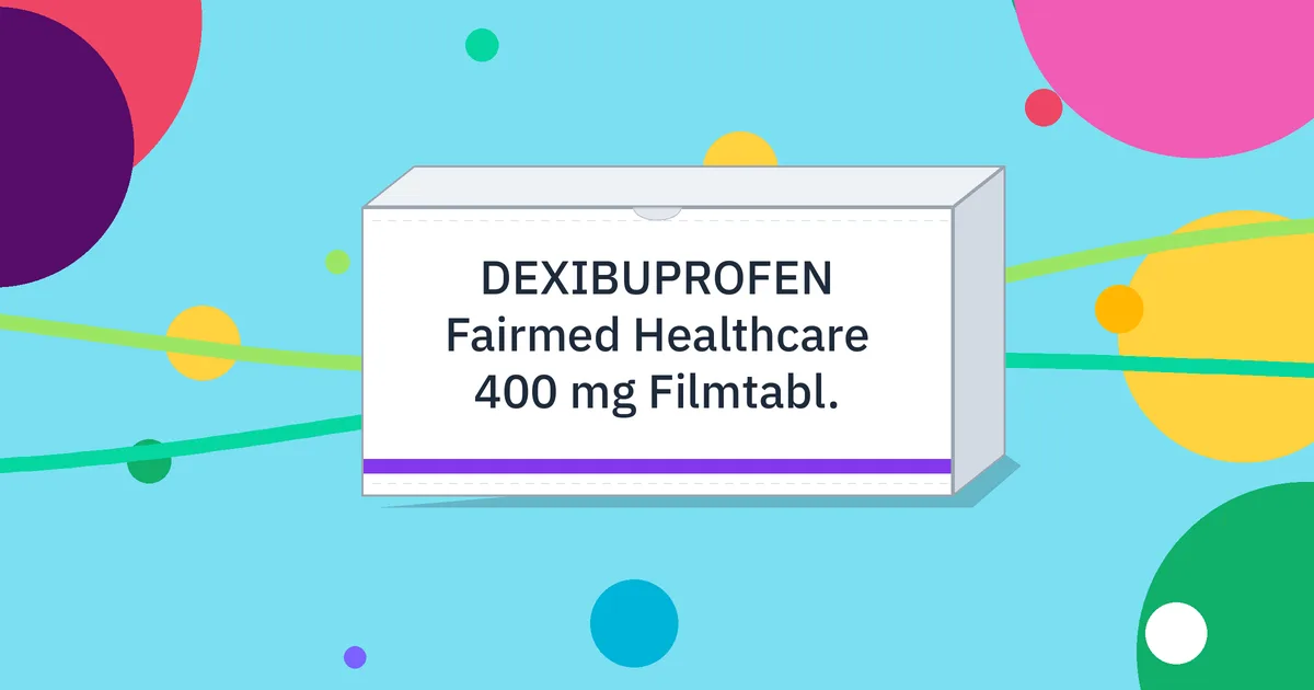 Symbolbild: Packung mit der Aufschrift DEXIBUPROFEN Fairmed Healthcare 400 mg Filmtabl. (PZN 16564058) – Verfügbarkeit und Bezug in Apotheken in Frankfurt am Main