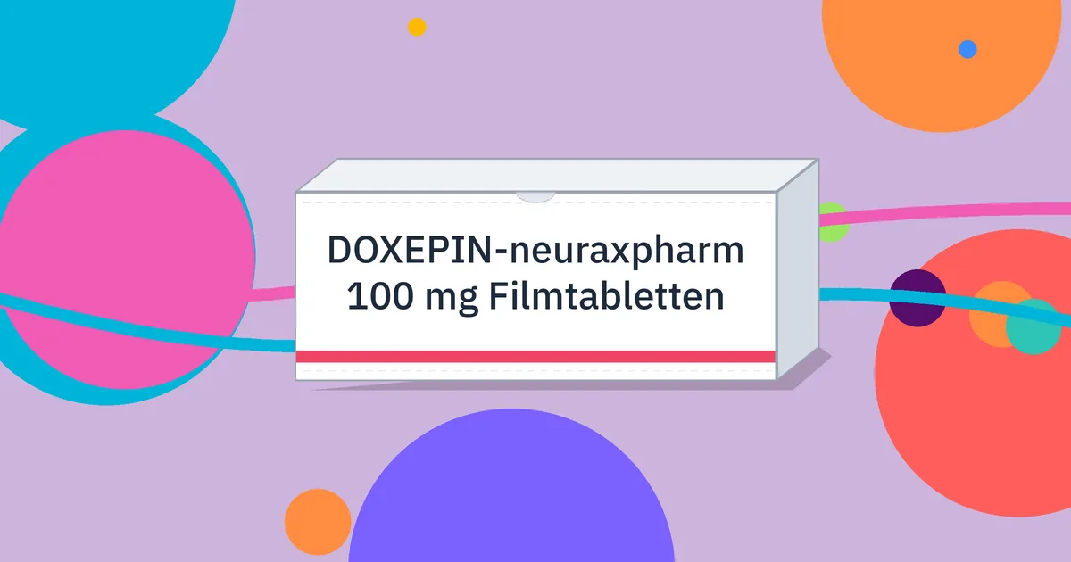 Symbolbild: Packung mit der Aufschrift DOXEPIN-neuraxpharm 100 mg Filmtabletten (PZN 04815443) – Verfügbarkeit und Bezug in Apotheken in Frankfurt am Main