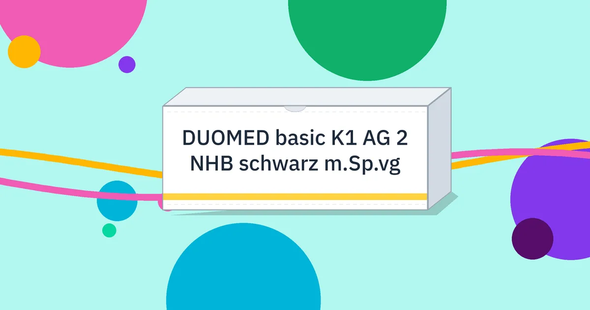 Symbolbild: Packung mit der Aufschrift DUOMED basic K1 AG 2 NHB schwarz m.Sp.vg (PZN 20905499) – Verfügbarkeit und Bezug in Apotheken in Frankfurt am Main