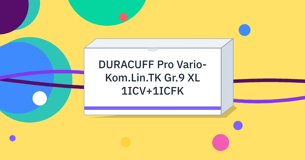 Symbolbild: Packung mit der Aufschrift DURACUFF Pro Vario-Kom.Lin.TK Gr.9 XL 1ICV+1ICFK (PZN 19246152) – Verfügbarkeit und Bezug in Apotheken in Frankfurt am Main