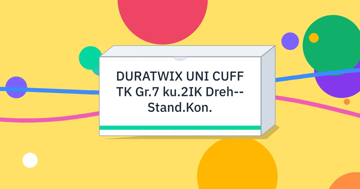 Symbolbild: Packung mit der Aufschrift DURATWIX UNI CUFF TK Gr.7 ku.2IK Dreh--Stand.Kon. (PZN 06965276) – Verfügbarkeit und Bezug in Apotheken in Frankfurt am Main