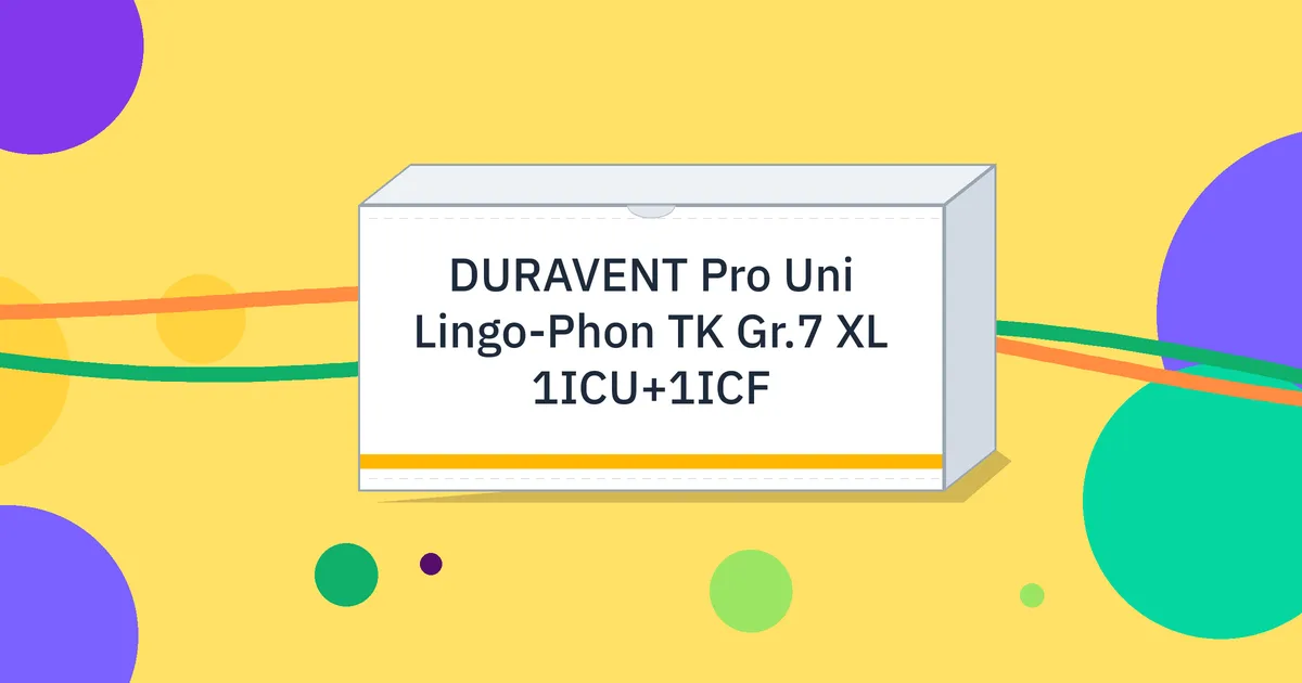 Symbolbild: Packung mit der Aufschrift DURAVENT Pro Uni Lingo-Phon TK Gr.7 XL 1ICU+1ICF (PZN 19246620) – Verfügbarkeit und Bezug in Apotheken in Frankfurt am Main