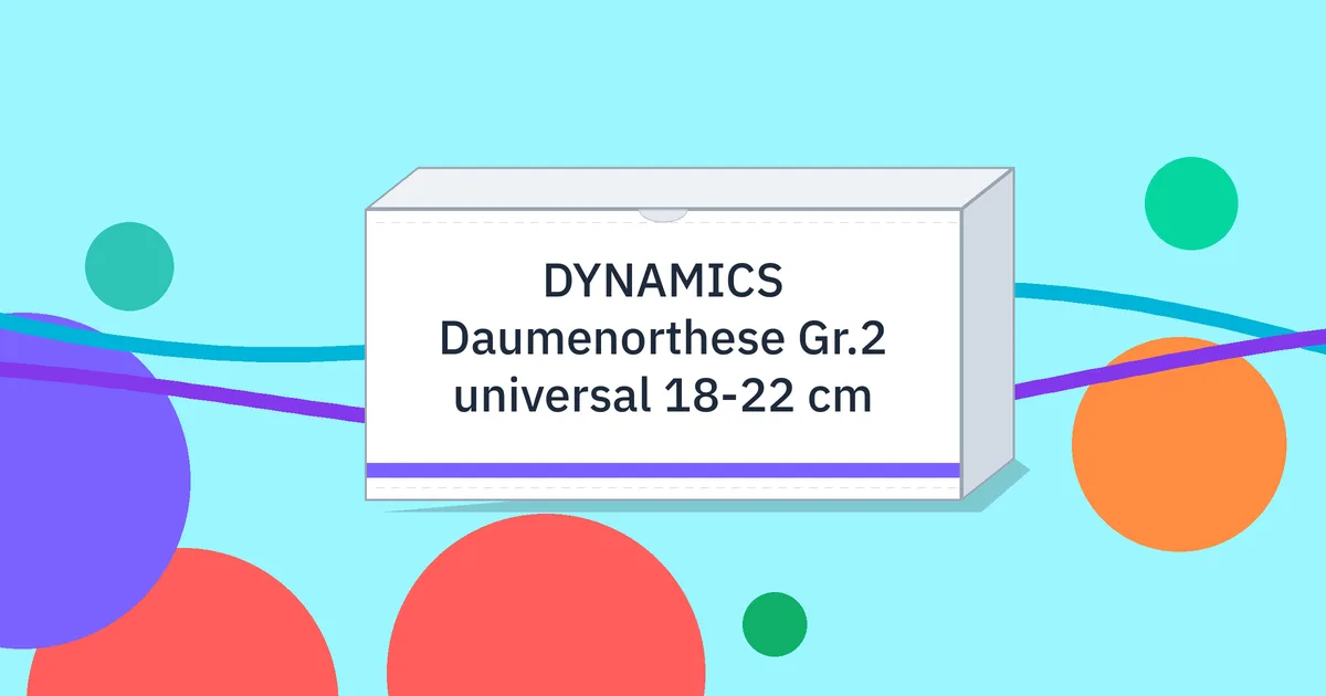 Symbolbild: Packung mit der Aufschrift DYNAMICS Daumenorthese Gr.2 universal 18-22 cm (PZN 14385541) – Verfügbarkeit und Bezug in Apotheken in Frankfurt am Main