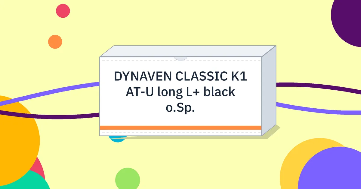 Symbolbild: Packung mit der Aufschrift DYNAVEN CLASSIC K1 AT-U long L+ black o.Sp. (PZN 18416646) – Verfügbarkeit und Bezug in Apotheken in Frankfurt am Main