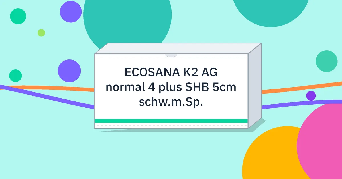 Symbolbild: Packung mit der Aufschrift ECOSANA K2 AG normal 4 plus SHB 5cm schw.m.Sp. (PZN 01435929) – Verfügbarkeit und Bezug in Apotheken in Frankfurt am Main