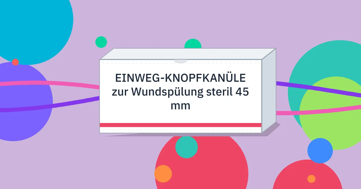 Symbolbild: Packung mit der Aufschrift EINWEG-KNOPFKANÜLE zur Wundspülung steril 45 mm (PZN 16956835) – Verfügbarkeit und Bezug in Apotheken in Frankfurt am Main