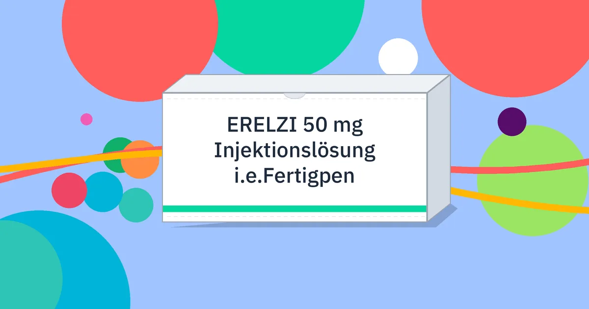 Symbolbild: Packung mit der Aufschrift ERELZI 50 mg Injektionslösung i.e.Fertigpen (PZN 17166940) – Verfügbarkeit und Bezug in Apotheken in Frankfurt am Main
