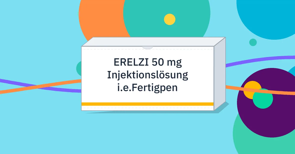 Symbolbild: Packung mit der Aufschrift ERELZI 50 mg Injektionslösung i.e.Fertigpen (PZN 17848415) – Verfügbarkeit und Bezug in Apotheken in Frankfurt am Main