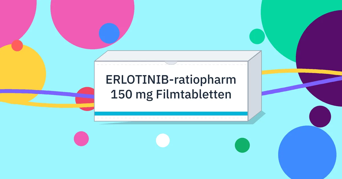 Symbolbild: Packung mit der Aufschrift ERLOTINIB-ratiopharm 150 mg Filmtabletten (PZN 16045430) – Verfügbarkeit und Bezug in Apotheken in Frankfurt am Main