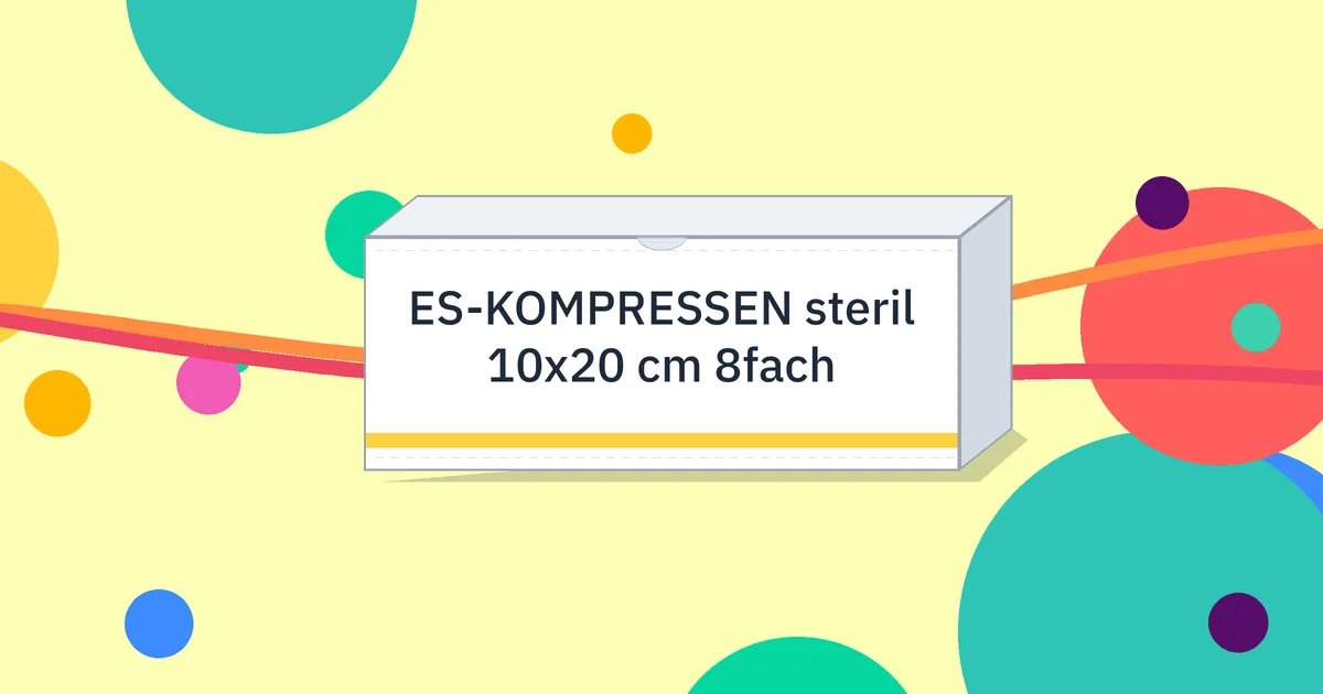 Symbolbild: Packung mit der Aufschrift ES-KOMPRESSEN steril 10x20 cm 8fach (PZN 01407092) – Verfügbarkeit und Bezug in Apotheken in Frankfurt am Main
