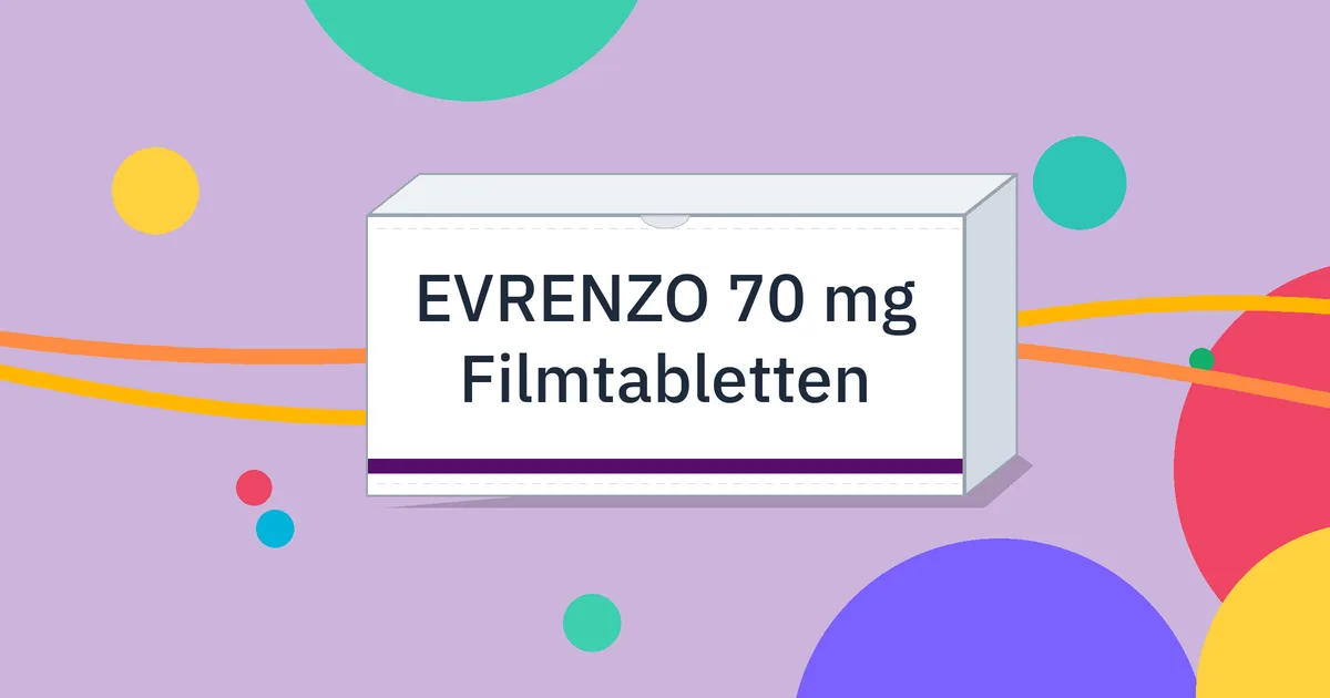 Symbolbild: Packung mit der Aufschrift EVRENZO 70 mg Filmtabletten (PZN 20011827) – Verfügbarkeit und Bezug in Apotheken in Frankfurt am Main