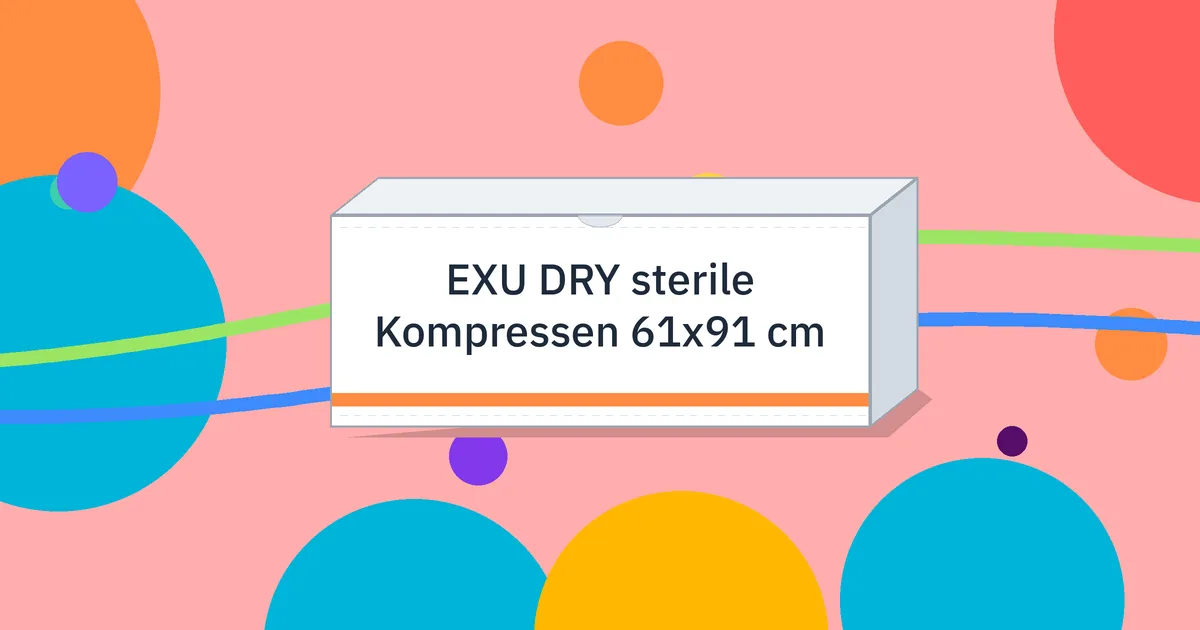 Symbolbild: Packung mit der Aufschrift EXU DRY sterile Kompressen 61x91 cm (PZN 01094084) – Verfügbarkeit und Bezug in Apotheken in Frankfurt am Main