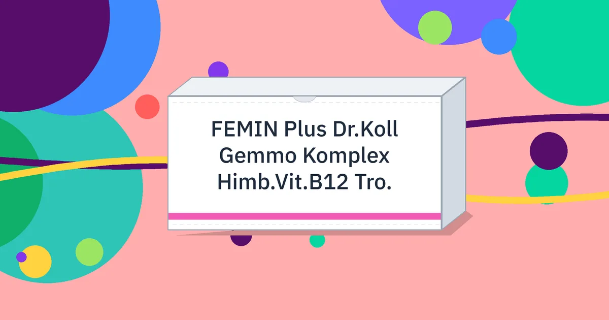 Symbolbild: Packung mit der Aufschrift FEMIN Plus Dr.Koll Gemmo Komplex Himb.Vit.B12 Tro. (PZN 18137679) – Verfügbarkeit und Bezug in Apotheken in Frankfurt am Main