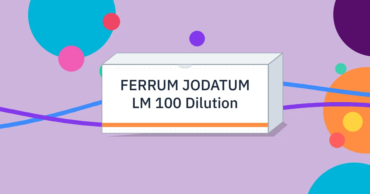 Symbolbild: Packung mit der Aufschrift FERRUM JODATUM LM 100 Dilution (PZN 12849203) – Verfügbarkeit und Bezug in Apotheken in Frankfurt am Main