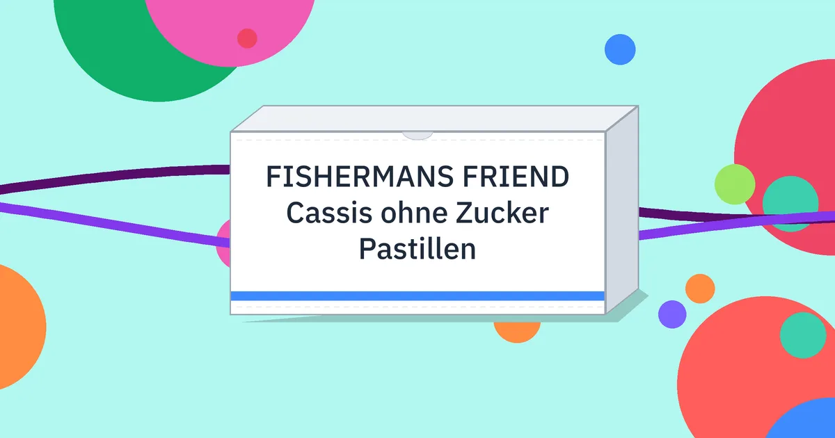 Symbolbild: Packung mit der Aufschrift FISHERMANS FRIEND Cassis ohne Zucker Pastillen (PZN 02187445) – Verfügbarkeit und Bezug in Apotheken in Frankfurt am Main