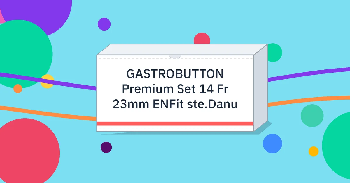 Symbolbild: Packung mit der Aufschrift GASTROBUTTON Premium Set 14 Fr 23mm ENFit ste.Danu (PZN 16883450) – Verfügbarkeit und Bezug in Apotheken in Frankfurt am Main