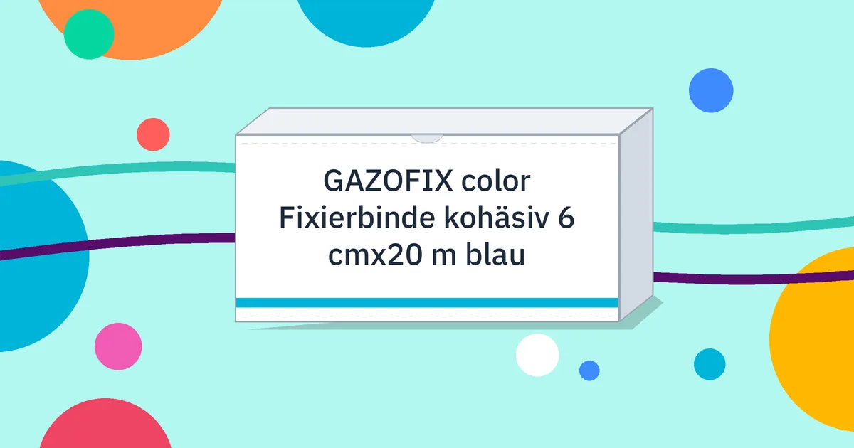 Symbolbild: Packung mit der Aufschrift GAZOFIX color Fixierbinde kohäsiv 6 cmx20 m blau (PZN 11587623) – Verfügbarkeit und Bezug in Apotheken in Frankfurt am Main