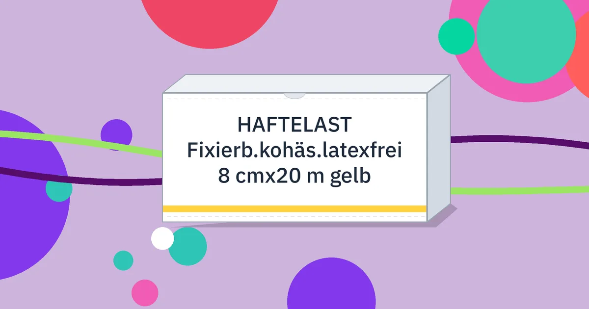 Symbolbild: Packung mit der Aufschrift HAFTELAST Fixierb.kohäs.latexfrei 8 cmx20 m gelb (PZN 15998412) – Verfügbarkeit und Bezug in Apotheken in Frankfurt am Main