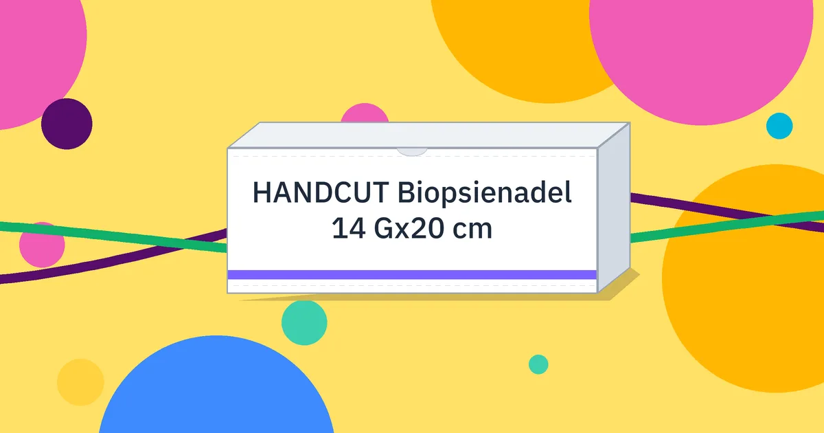 Symbolbild: Packung mit der Aufschrift HANDCUT Biopsienadel 14 Gx20 cm (PZN 16921570) – Verfügbarkeit und Bezug in Apotheken in Frankfurt am Main