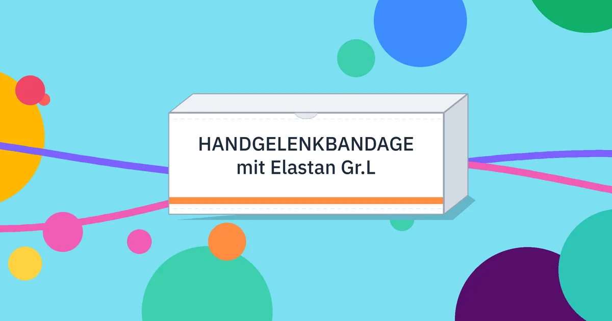 Symbolbild: Packung mit der Aufschrift HANDGELENKBANDAGE mit Elastan Gr.L (PZN 13057616) – Verfügbarkeit und Bezug in Apotheken in Frankfurt am Main