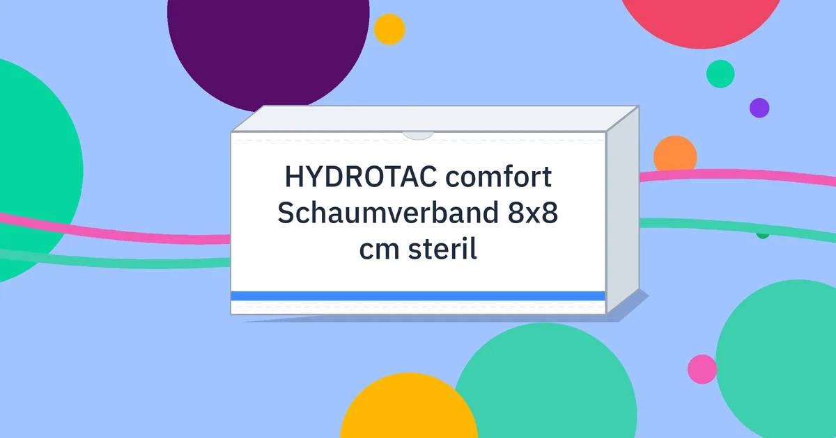 Symbolbild: Packung mit der Aufschrift HYDROTAC comfort Schaumverband 8x8 cm steril (PZN 18716070) – Verfügbarkeit und Bezug in Apotheken in Frankfurt am Main