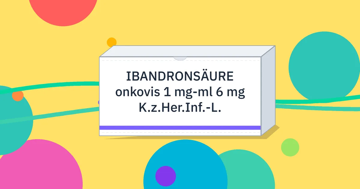 Symbolbild: Packung mit der Aufschrift IBANDRONSÄURE onkovis 1 mg-ml 6 mg K.z.Her.Inf.-L. (PZN 09207381) – Verfügbarkeit und Bezug in Apotheken in Frankfurt am Main