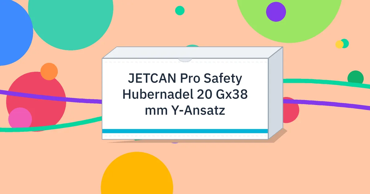 Symbolbild: Packung mit der Aufschrift JETCAN Pro Safety Hubernadel 20 Gx38 mm Y-Ansatz (PZN 19421081) – Verfügbarkeit und Bezug in Apotheken in Frankfurt am Main