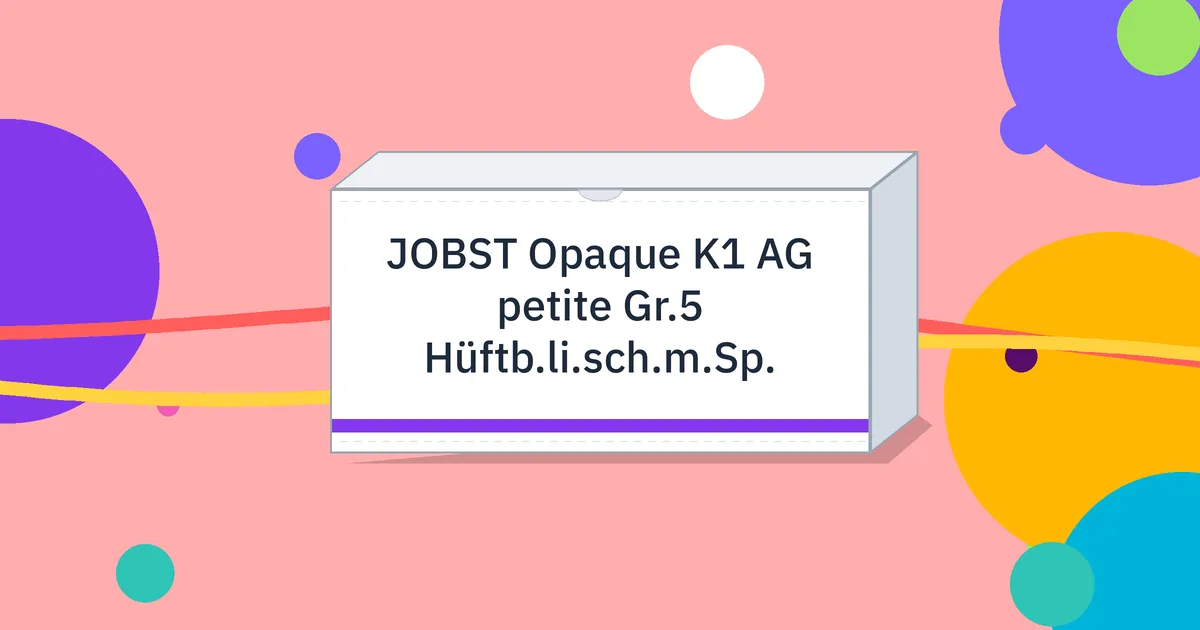Symbolbild: Packung mit der Aufschrift JOBST Opaque K1 AG petite Gr.5 Hüftb.li.sch.m.Sp. (PZN 13097774) – Verfügbarkeit und Bezug in Apotheken in Frankfurt am Main