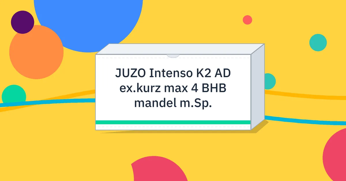 Symbolbild: Packung mit der Aufschrift JUZO Intenso K2 AD ex.kurz max 4 BHB mandel m.Sp. (PZN 18614056) – Verfügbarkeit und Bezug in Apotheken in Frankfurt am Main