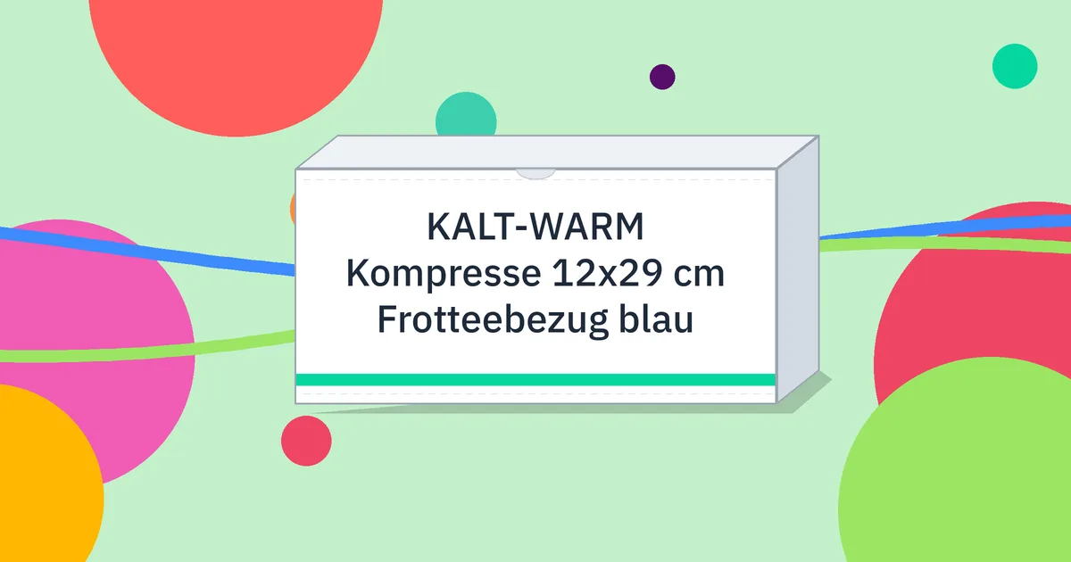 Symbolbild: Packung mit der Aufschrift KALT-WARM Kompresse 12x29 cm Frotteebezug blau (PZN 10076926) – Verfügbarkeit und Bezug in Apotheken in Frankfurt am Main