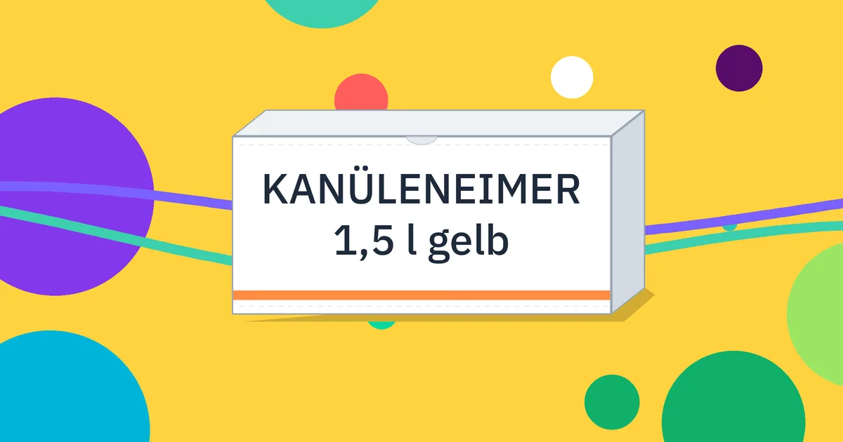 Symbolbild: Packung mit der Aufschrift KANÜLENEIMER 1,5 l gelb (PZN 01234734) – Verfügbarkeit und Bezug in Apotheken in Frankfurt am Main