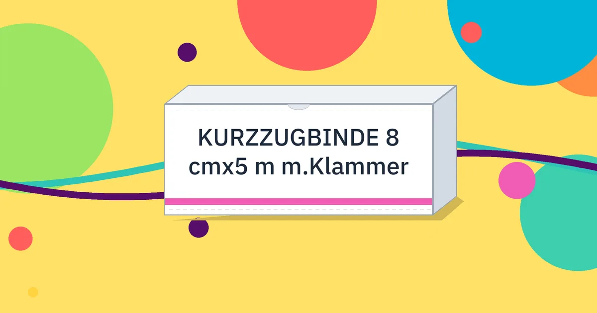 Symbolbild: Packung mit der Aufschrift KURZZUGBINDE 8 cmx5 m m.Klammer (PZN 09082011) – Verfügbarkeit und Bezug in Apotheken in Frankfurt am Main