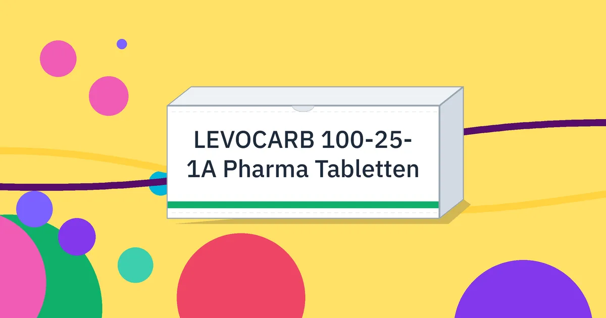 Symbolbild: Packung mit der Aufschrift LEVOCARB 100-25-1A Pharma Tabletten (PZN 07510129) – Verfügbarkeit und Bezug in Apotheken in Frankfurt am Main