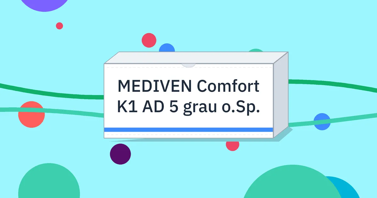 Symbolbild: Packung mit der Aufschrift MEDIVEN Comfort K1 AD 5 grau o.Sp. (PZN 19005595) – Verfügbarkeit und Bezug in Apotheken in Frankfurt am Main