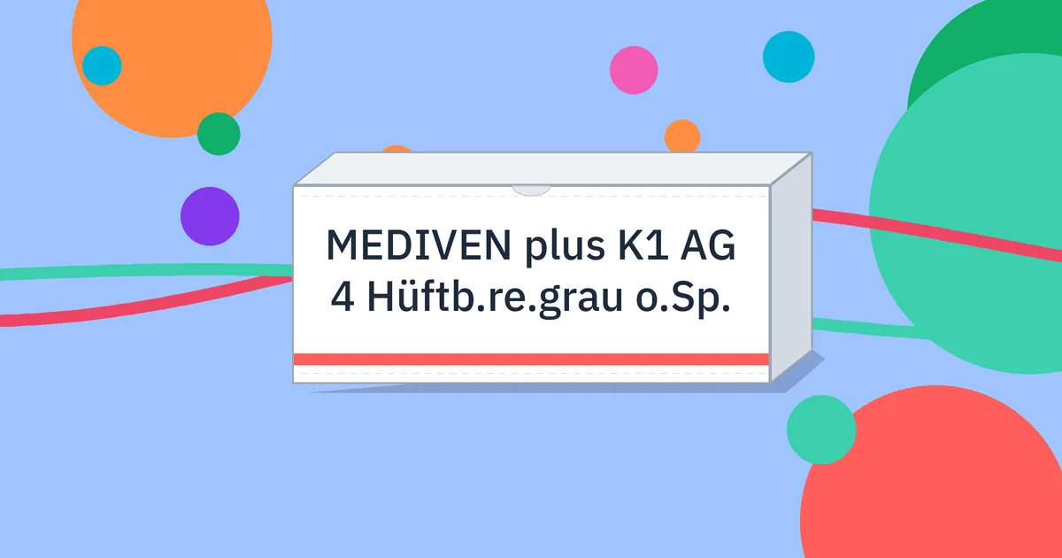 Symbolbild: Packung mit der Aufschrift MEDIVEN plus K1 AG 4 Hüftb.re.grau o.Sp. (PZN 18938847) – Verfügbarkeit und Bezug in Apotheken in Frankfurt am Main