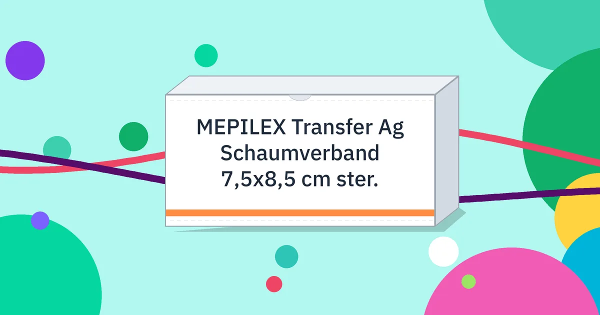 Symbolbild: Packung mit der Aufschrift MEPILEX Transfer Ag Schaumverband 7,5x8,5 cm ster. (PZN 20354533) – Verfügbarkeit und Bezug in Apotheken in Frankfurt am Main
