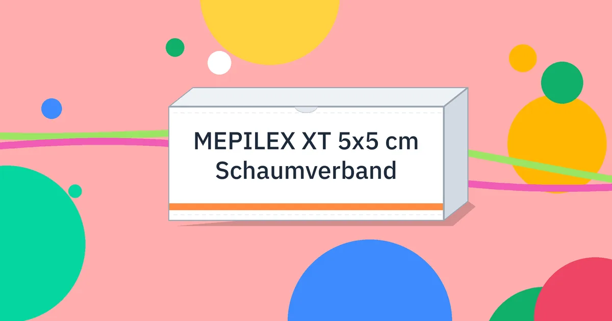 Symbolbild: Packung mit der Aufschrift MEPILEX XT 5x5 cm Schaumverband (PZN 19702489) – Verfügbarkeit und Bezug in Apotheken in Frankfurt am Main
