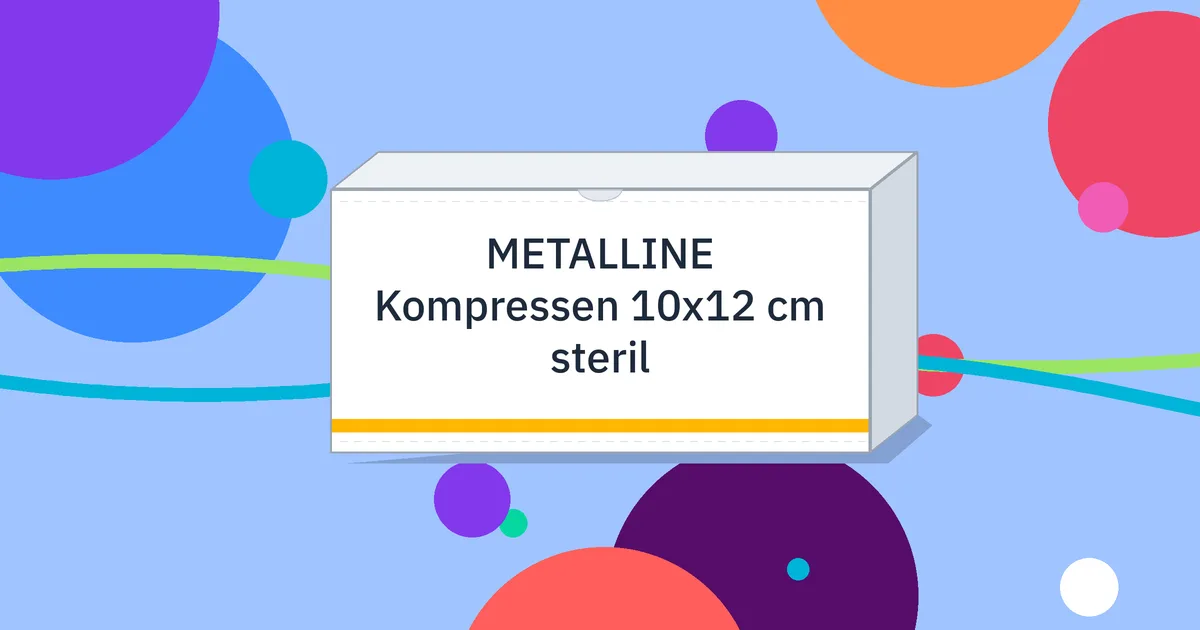 Symbolbild: Packung mit der Aufschrift METALLINE Kompressen 10x12 cm steril (PZN 19813125) – Verfügbarkeit und Bezug in Apotheken in Frankfurt am Main