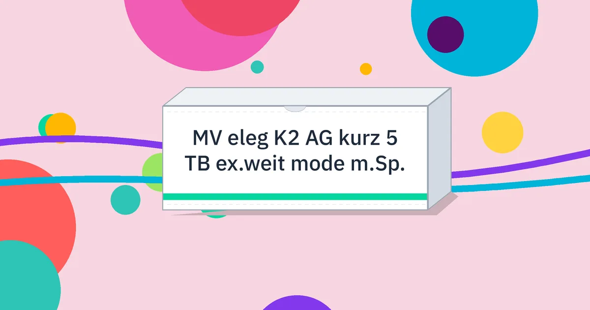 Symbolbild: Packung mit der Aufschrift MV eleg K2 AG kurz 5 TB ex.weit mode m.Sp. (PZN 09880244) – Verfügbarkeit und Bezug in Apotheken in Frankfurt am Main