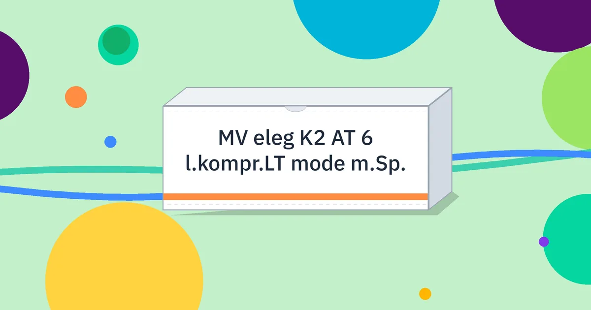 Symbolbild: Packung mit der Aufschrift MV eleg K2 AT 6 l.kompr.LT mode m.Sp. (PZN 06189553) – Verfügbarkeit und Bezug in Apotheken in Frankfurt am Main