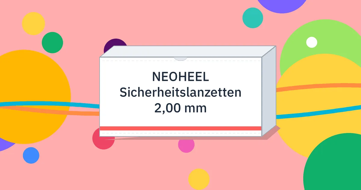 Symbolbild: Packung mit der Aufschrift NEOHEEL Sicherheitslanzetten 2,00 mm (PZN 19065025) – Verfügbarkeit und Bezug in Apotheken in Frankfurt am Main