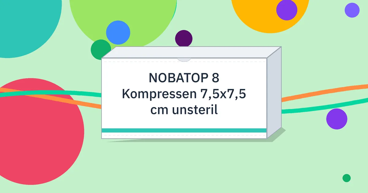 Symbolbild: Packung mit der Aufschrift NOBATOP 8 Kompressen 7,5x7,5 cm unsteril (PZN 05508602) – Verfügbarkeit und Bezug in Apotheken in Frankfurt am Main