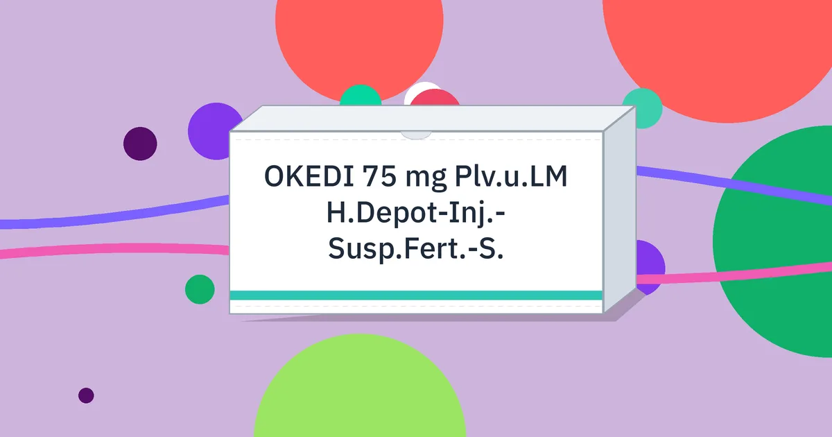Symbolbild: Packung mit der Aufschrift OKEDI 75 mg Plv.u.LM H.Depot-Inj.-Susp.Fert.-S. (PZN 18332659) – Verfügbarkeit und Bezug in Apotheken in Frankfurt am Main