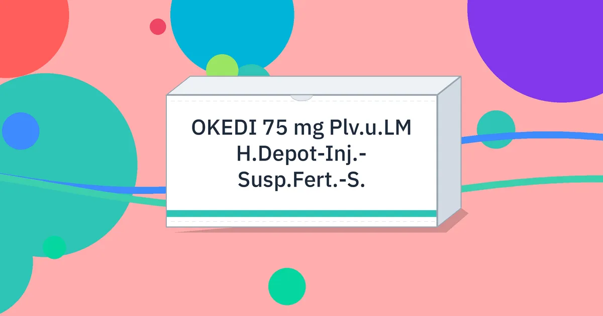 Symbolbild: Packung mit der Aufschrift OKEDI 75 mg Plv.u.LM H.Depot-Inj.-Susp.Fert.-S. (PZN 20210136) – Verfügbarkeit und Bezug in Apotheken in Frankfurt am Main