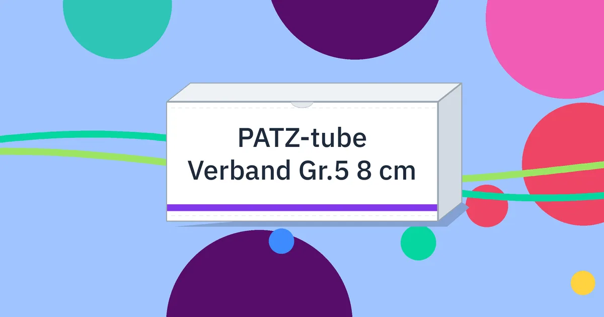 Symbolbild: Packung mit der Aufschrift PATZ-tube Verband Gr.5 8 cm (PZN 06815111) – Verfügbarkeit und Bezug in Apotheken in Frankfurt am Main
